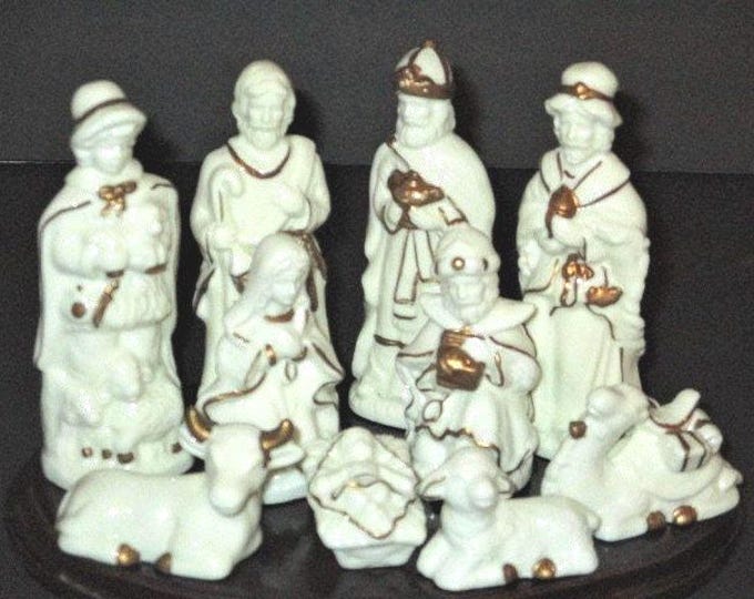 Ivory Glazed Gold Detailing Porcelain Nativity Set With Wood Base, 10 ...
