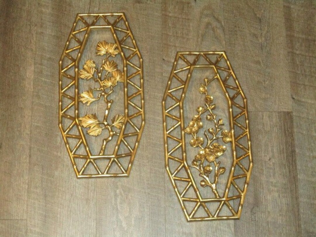 Vintage Gold Faux Bamboo Frame Syroco Flower Wall Plaques - Etsy