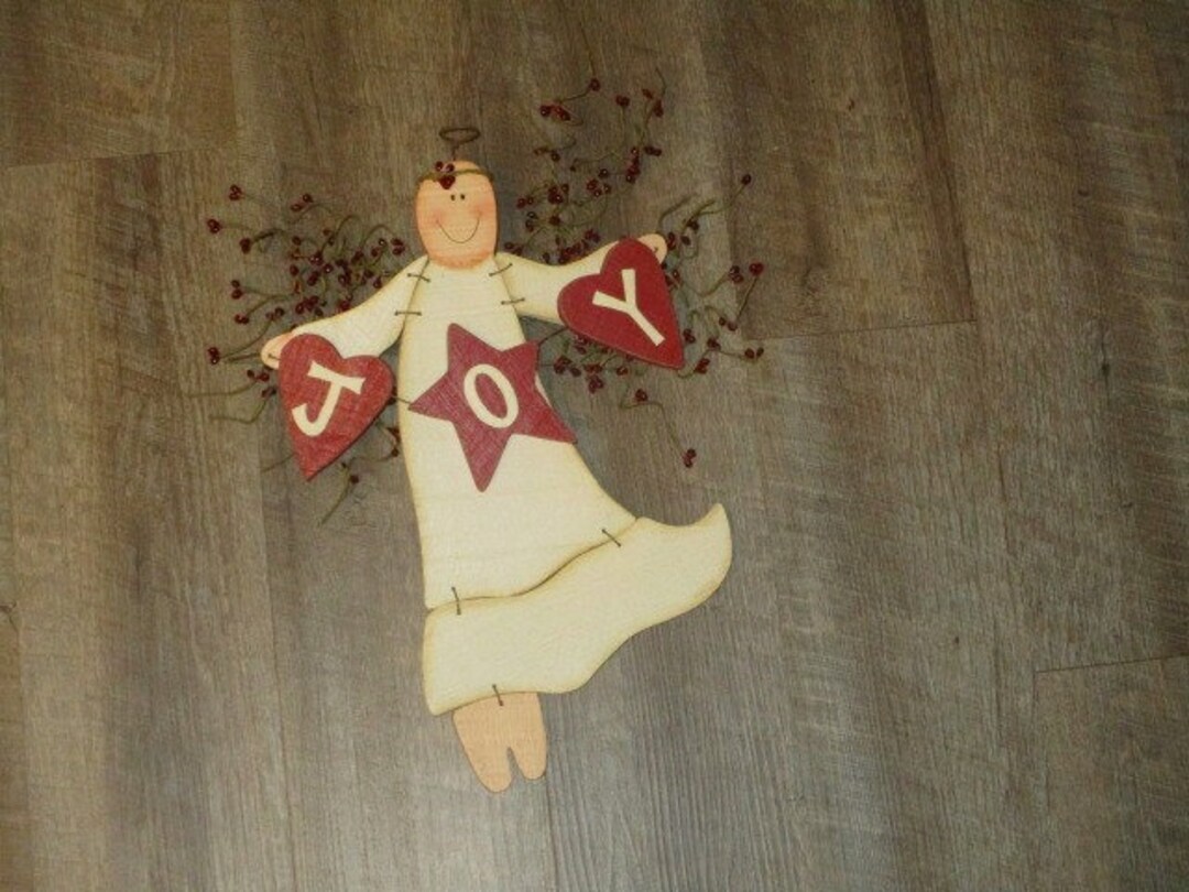 Wood Angel Plaque With Joy Garland and Pip Berry Wings, 15 Tall ...