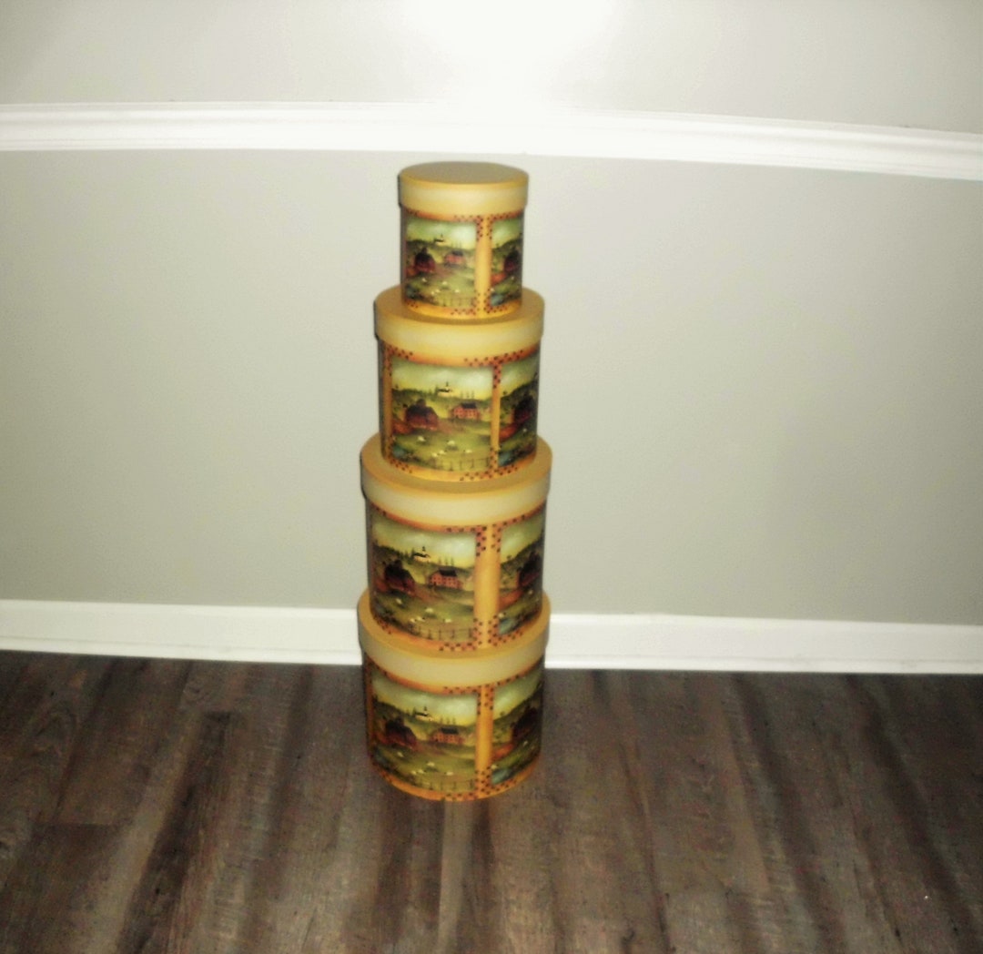 Primitive Paper Mache Nesting Boxes, Farm Scene, Set of 4, Storage ...