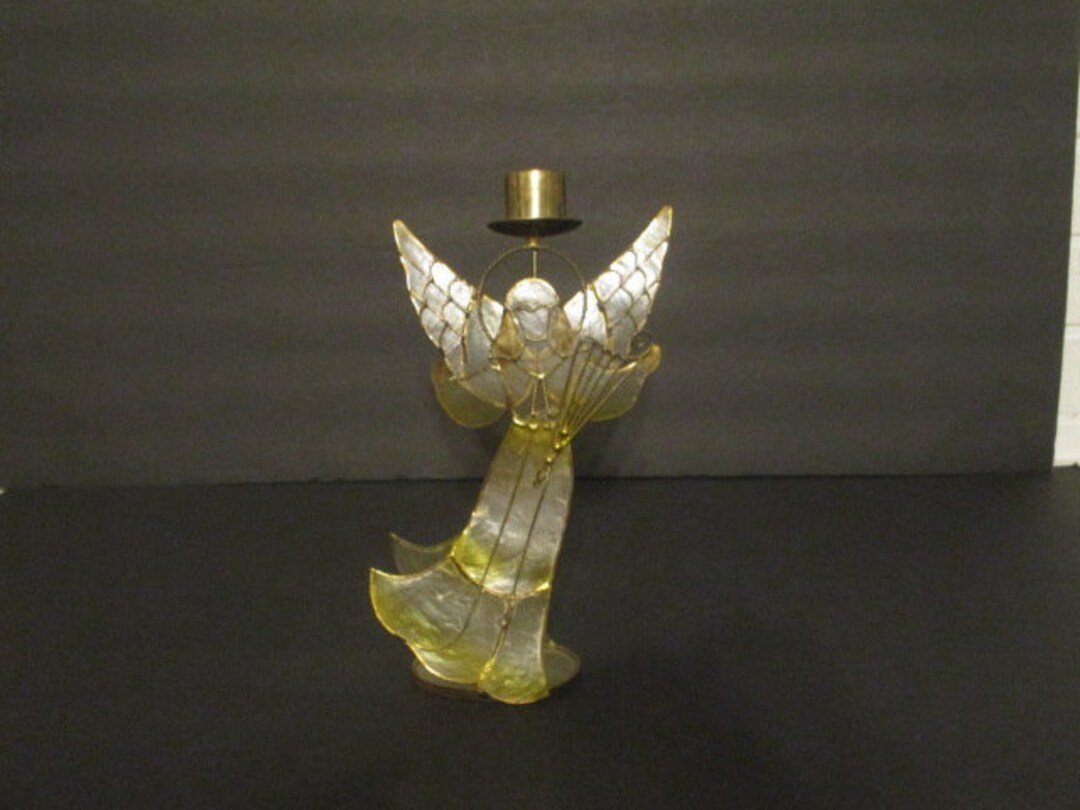 Capiz Shell Angel Taper Candle Holder, 9 Tall, Brass Tone Metal ...