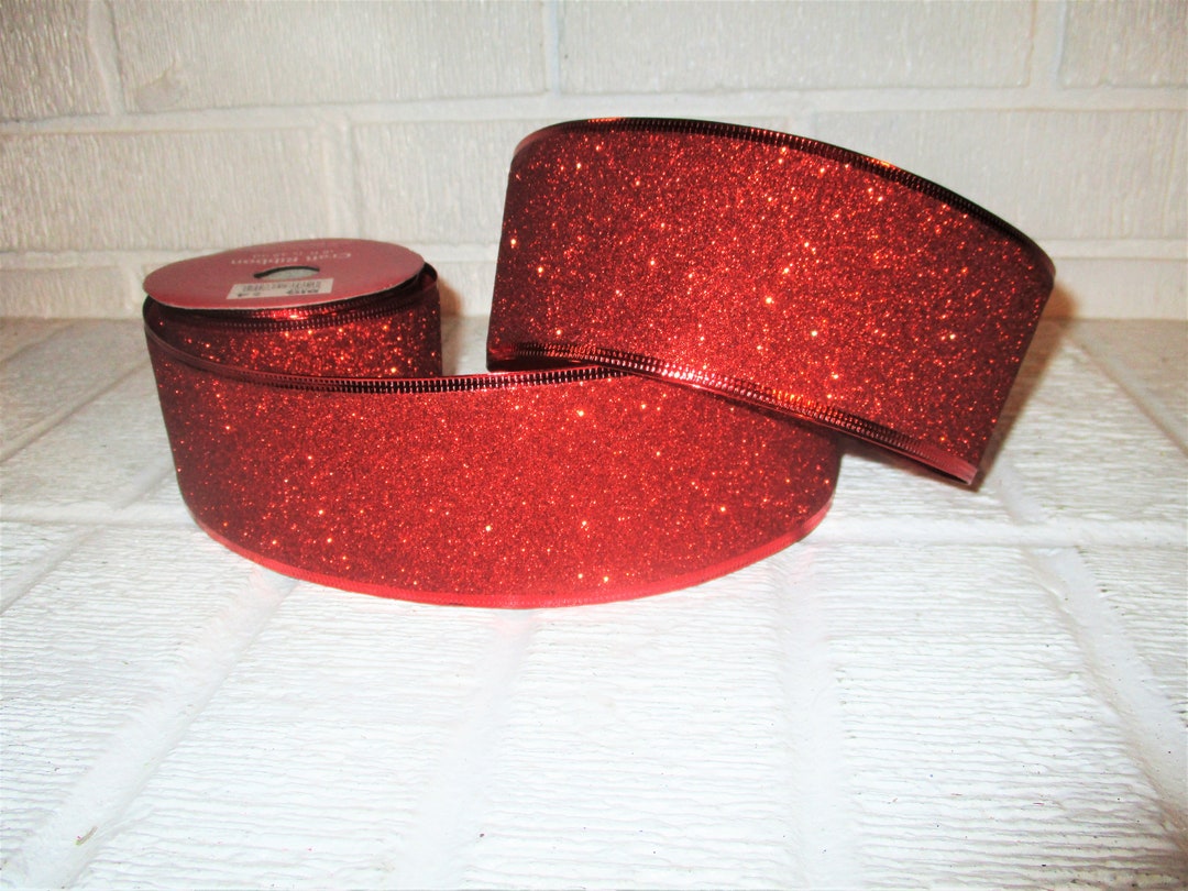 Wired Edge Christmas Ribbon, Red Glitter Metallic Ribbon, Choice of 3 ...