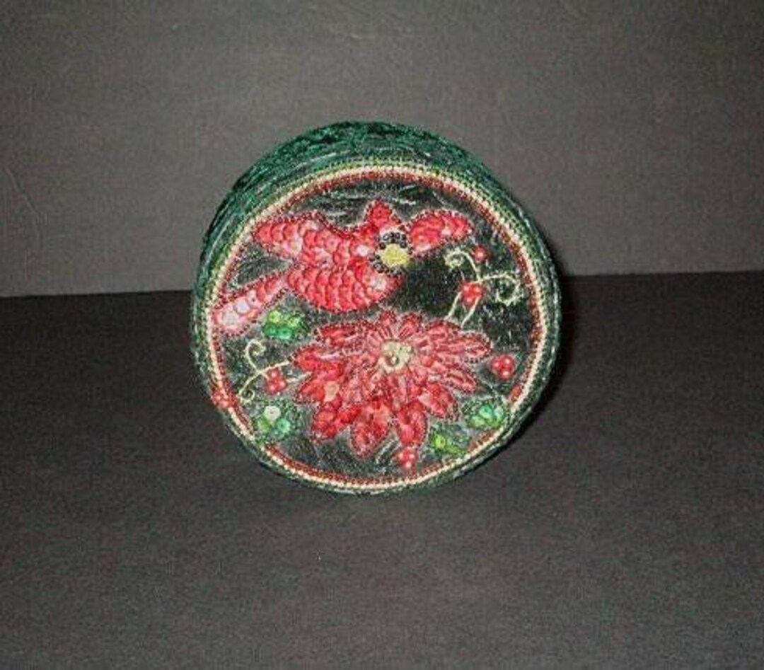 Lidded Crushed Velvet Round Box With Sequenced Cardinal and Poinsettia ...