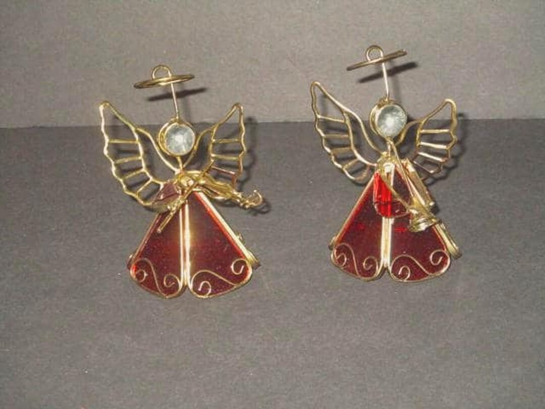 Red Stained Glass Angel Figurine, Set of 2, Shelf Sitter, 4 1/2 Tall ...