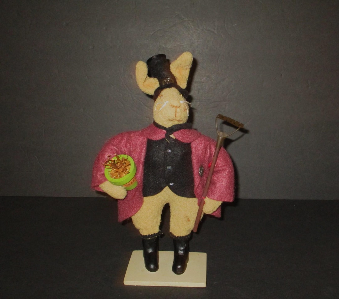 Tan Plush Standing Folkart Clothed Rabbit Figure With Rake, 10 1/2 ...