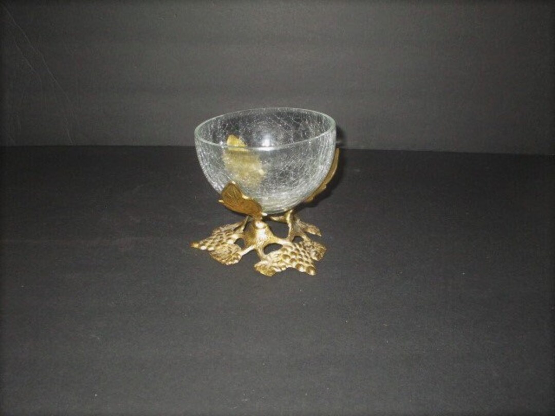 Brass Grape Stand With Crackled Glass Bowl, Made in India, 4 1/4" Tall ...
