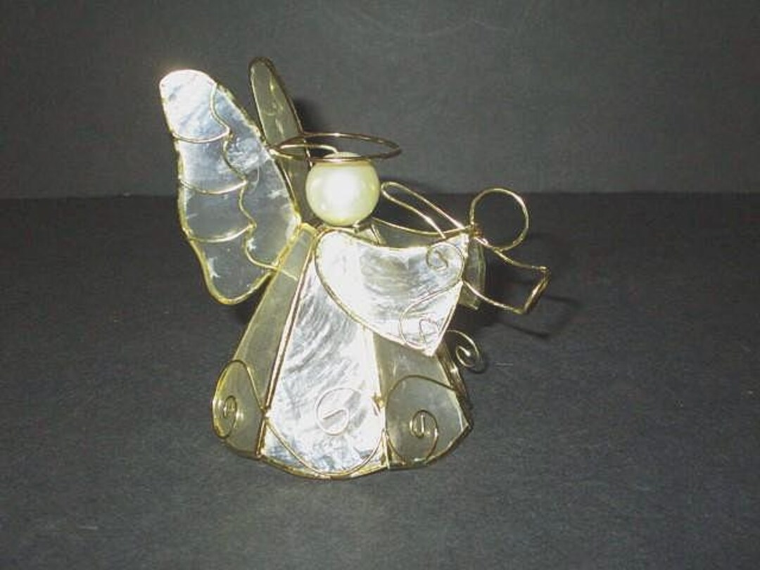 Ivory Capiz Shell Angel Blowing Horn Ornament, 3 Tall, Brass Tone Metal ...
