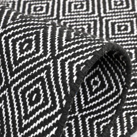Cotton Area Rug Woven Black White Argyle Frills 1188 - Etsy