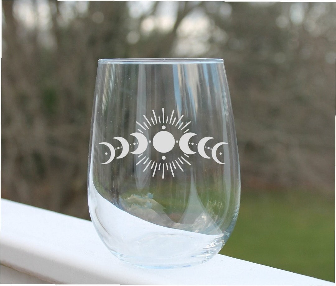 Moon Phase Glass Etched Stemless Wine Glass, Celestial Moon, Boho Wine ...