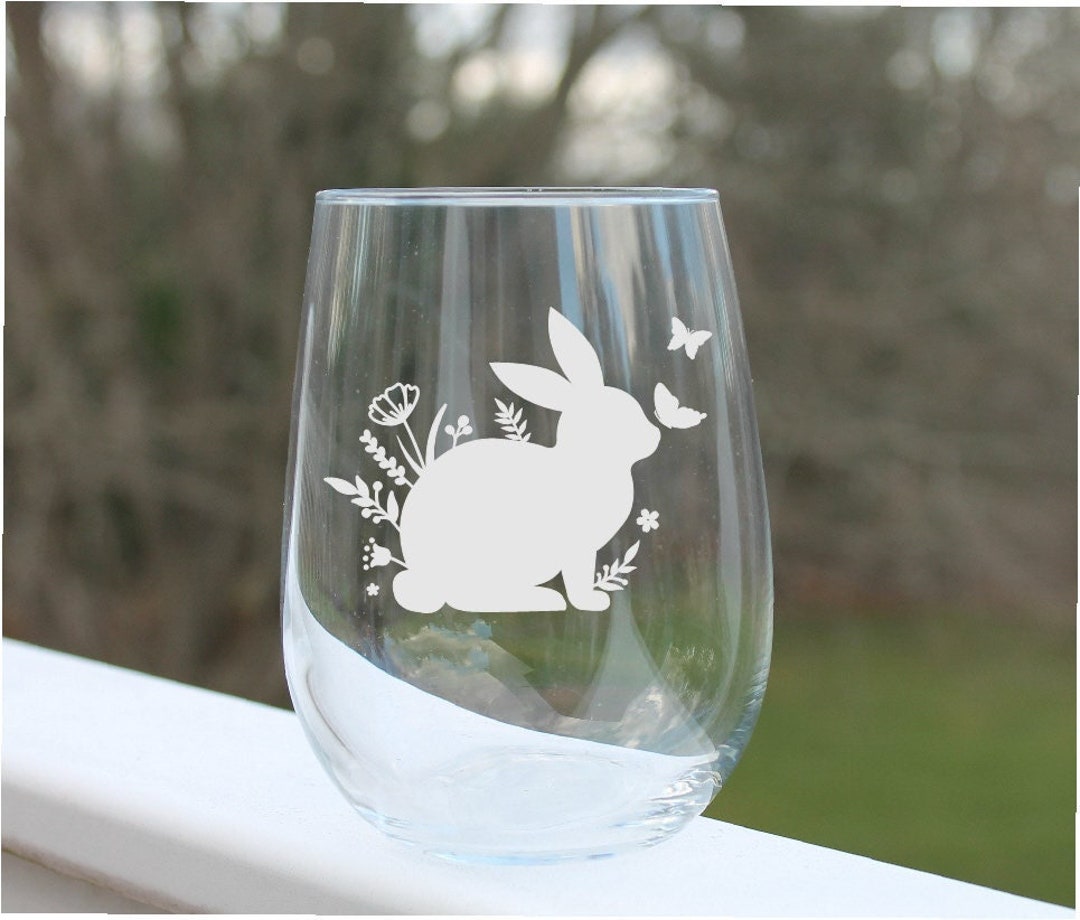 Rabbit Etched Stemless Wine Glasses, Easter Glass, Floral Rabbit Design ...
