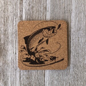 Square Cork Coasters, Fishing Coasters, Set of 4, Lake House, Trout ...
