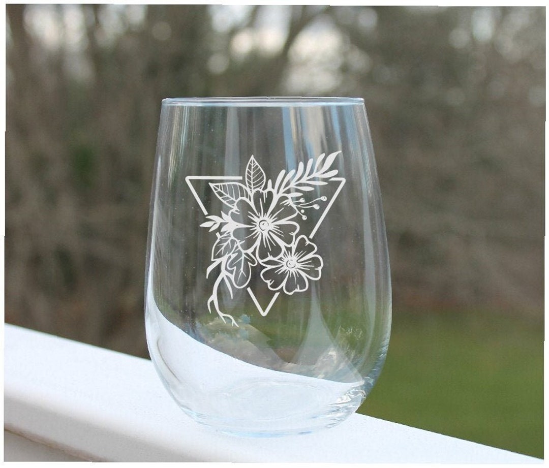 Floral Stemless Wine Glass | Etched Custom Wine Glass | Personalized ...