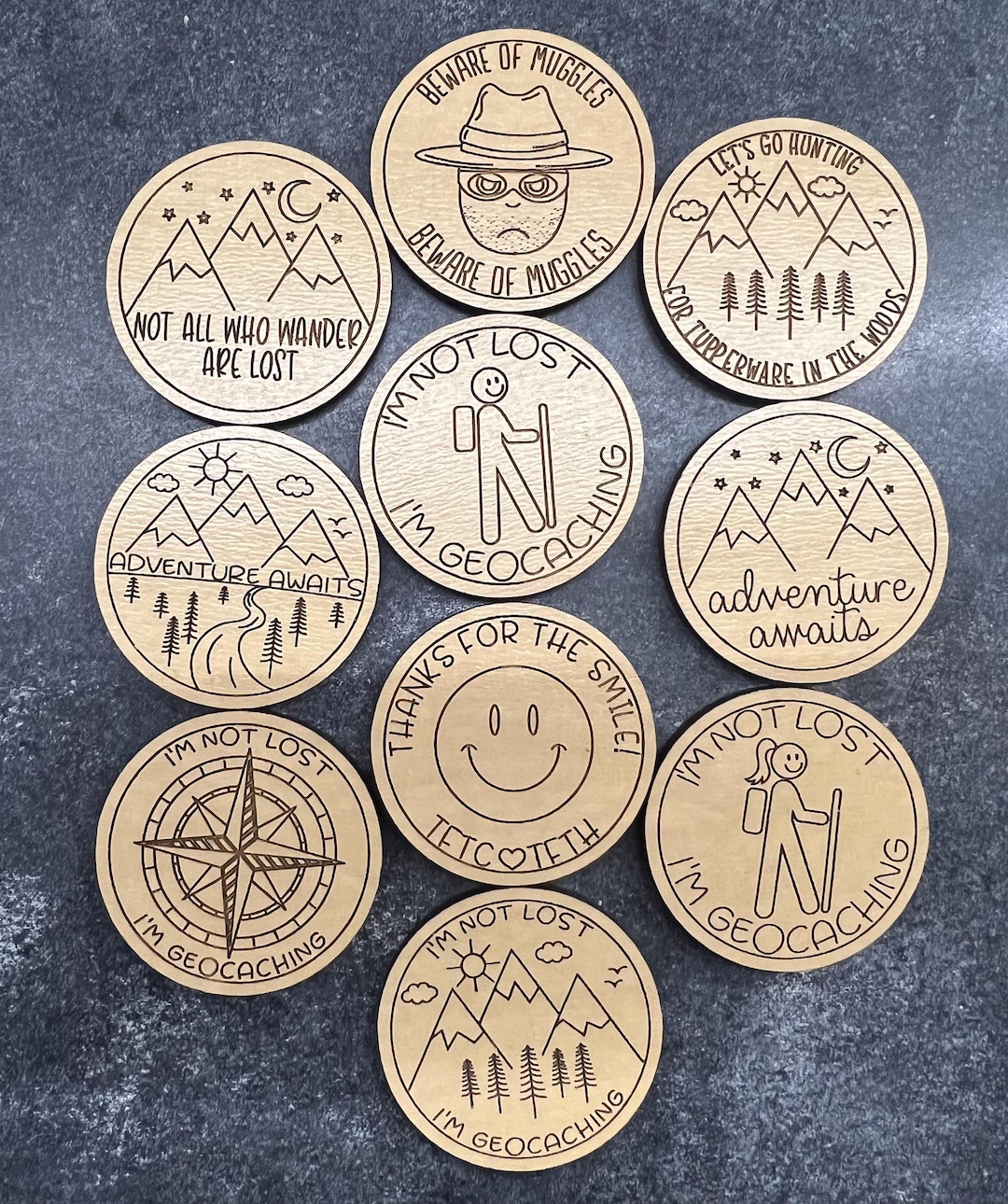 Engraved Wood Geocaching Tokens: Scavenger Hunt Adventure - Set of 10 ...