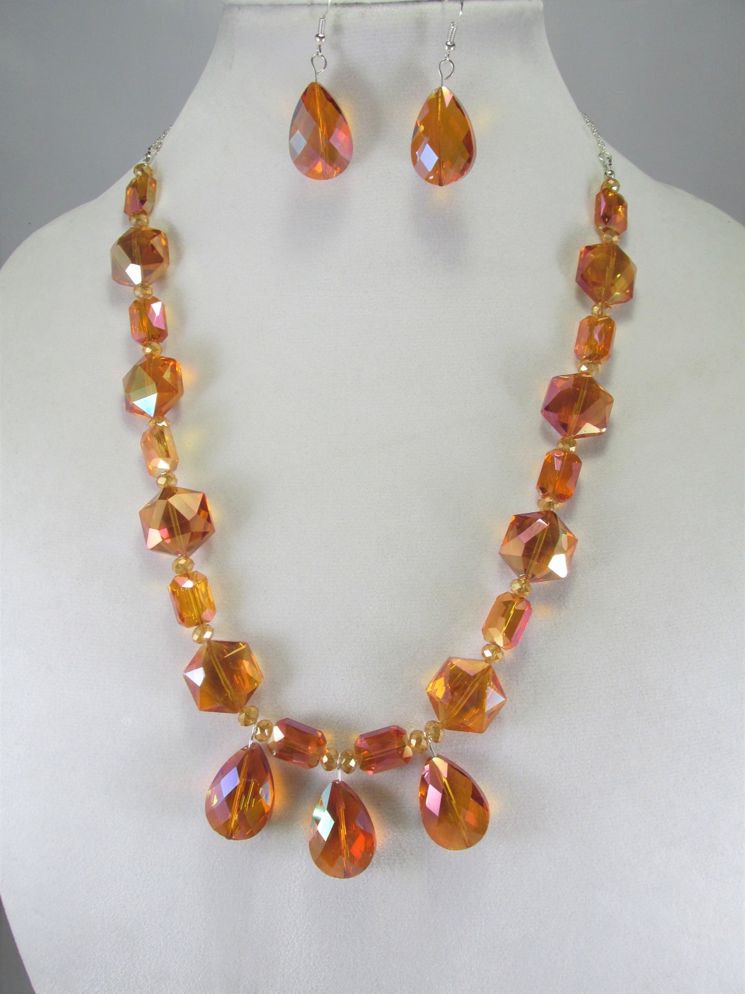 Pink Orange AB Swarovski Crystal Strung Necklace and Matching Earrings ...