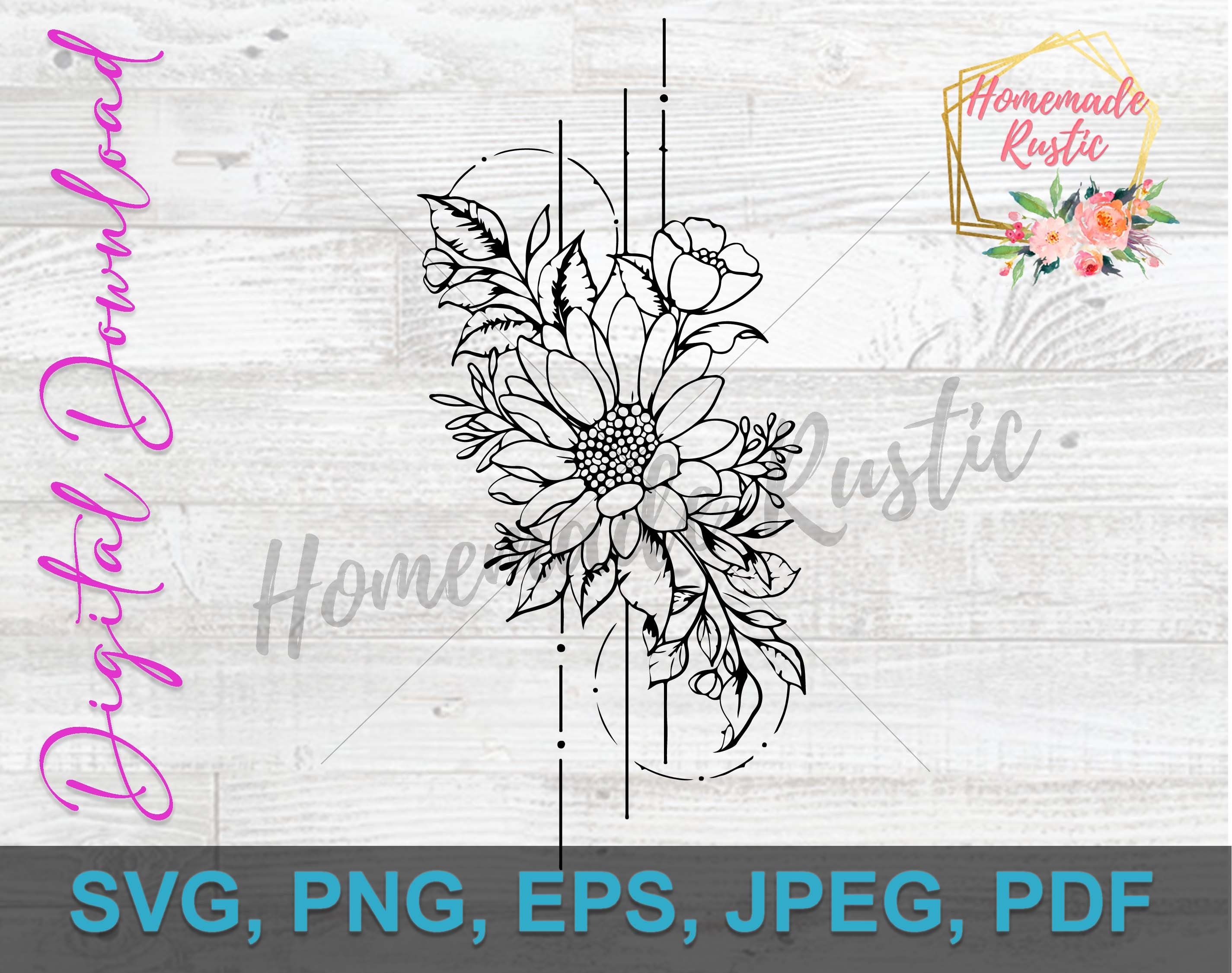 Digital File - Floral, Flowers. Line Art Floral Tattoo Style Design ...