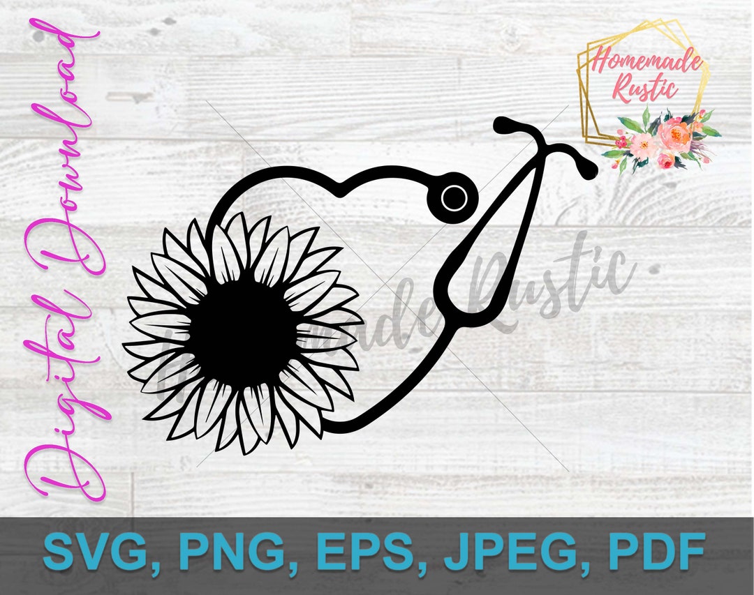 Digital File - Sunflower Stethoscope - Line Art Floral Tattoo Style ...