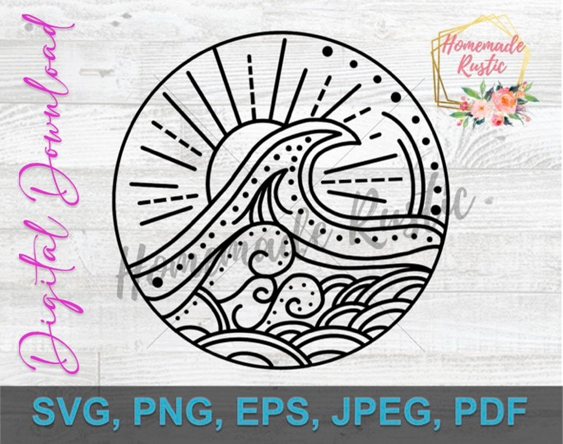 Digital File - Waves and Sun. Line Art Nautical Tattoo Style Design ...