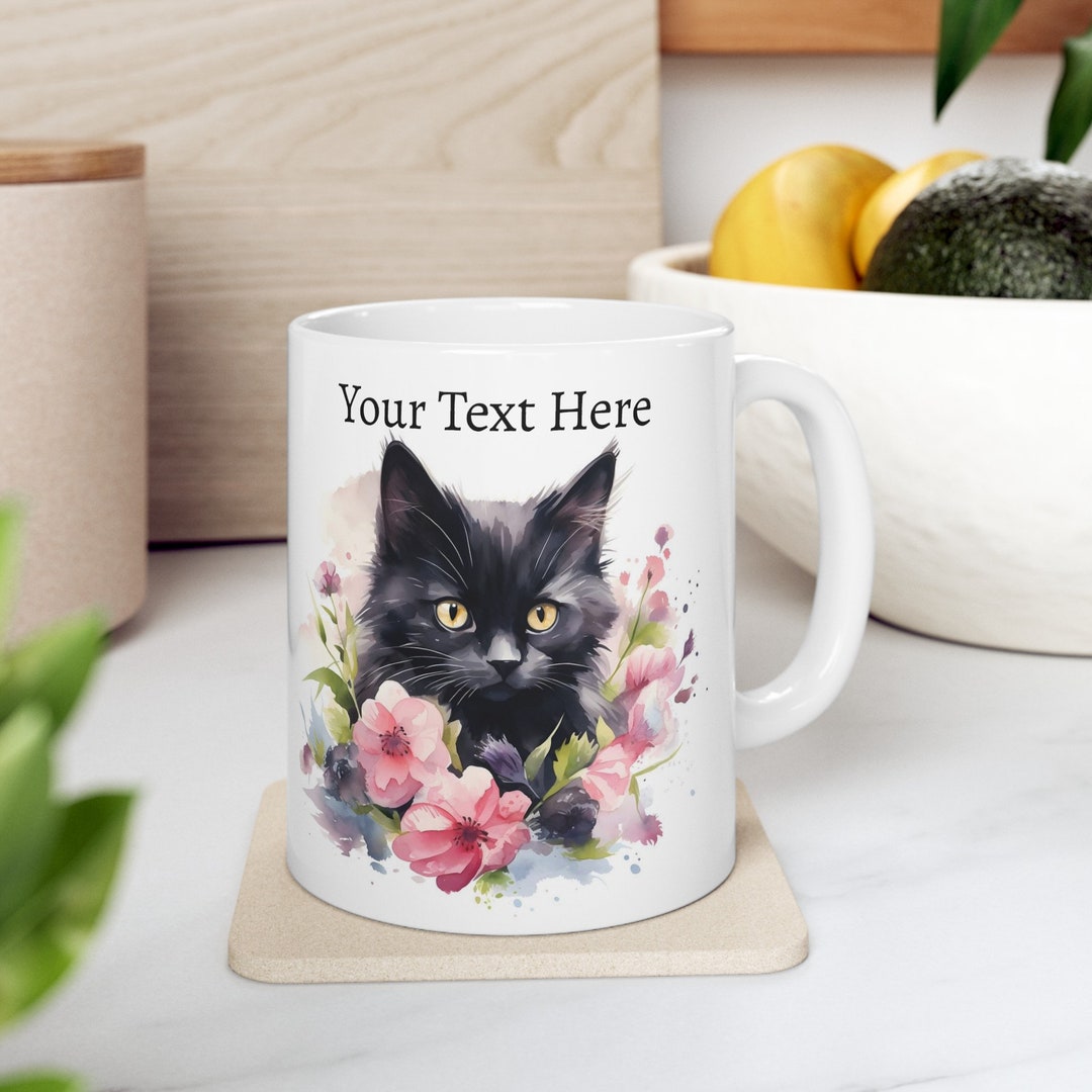 Personalized Pet Fluffy Black Kitten Floral 11oz Mug - Pet Cat Mug, Cat ...