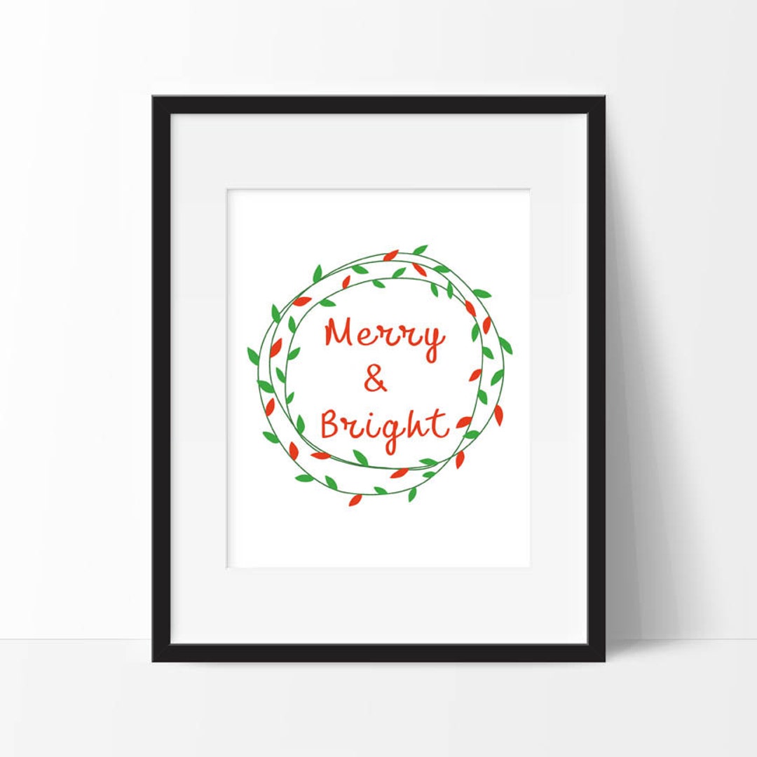 Merry and Bright Printable, Christmas Wreath Art Print, 8 X 10 Instant ...