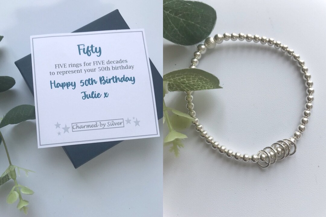 Sterling Silver 50th Five Decades Five Rings Birthday Bracelet With ...