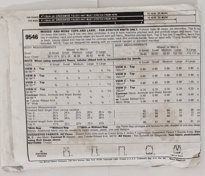 Cut Mccall's Pattern #9546 - Misses and Men's Sleeveless Knit Tops ...