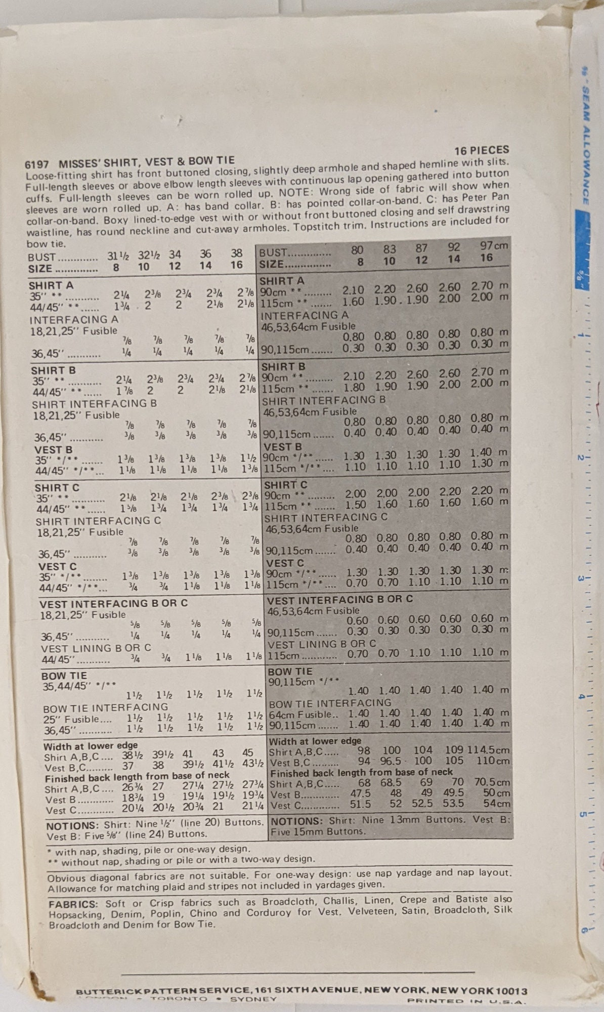 Vintage Cut Butterick Pattern 6197 Misses Shirt, Vest and Bow Tie Size ...