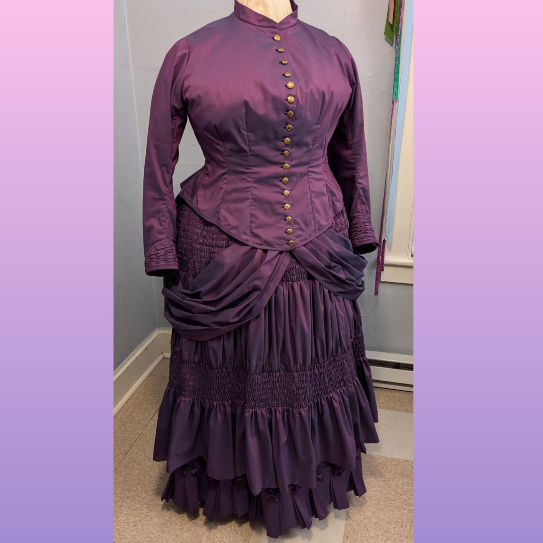 1882 Victorian Day Dress - Eggplant Ruched & Pleated "shot Silk Taffeta ...