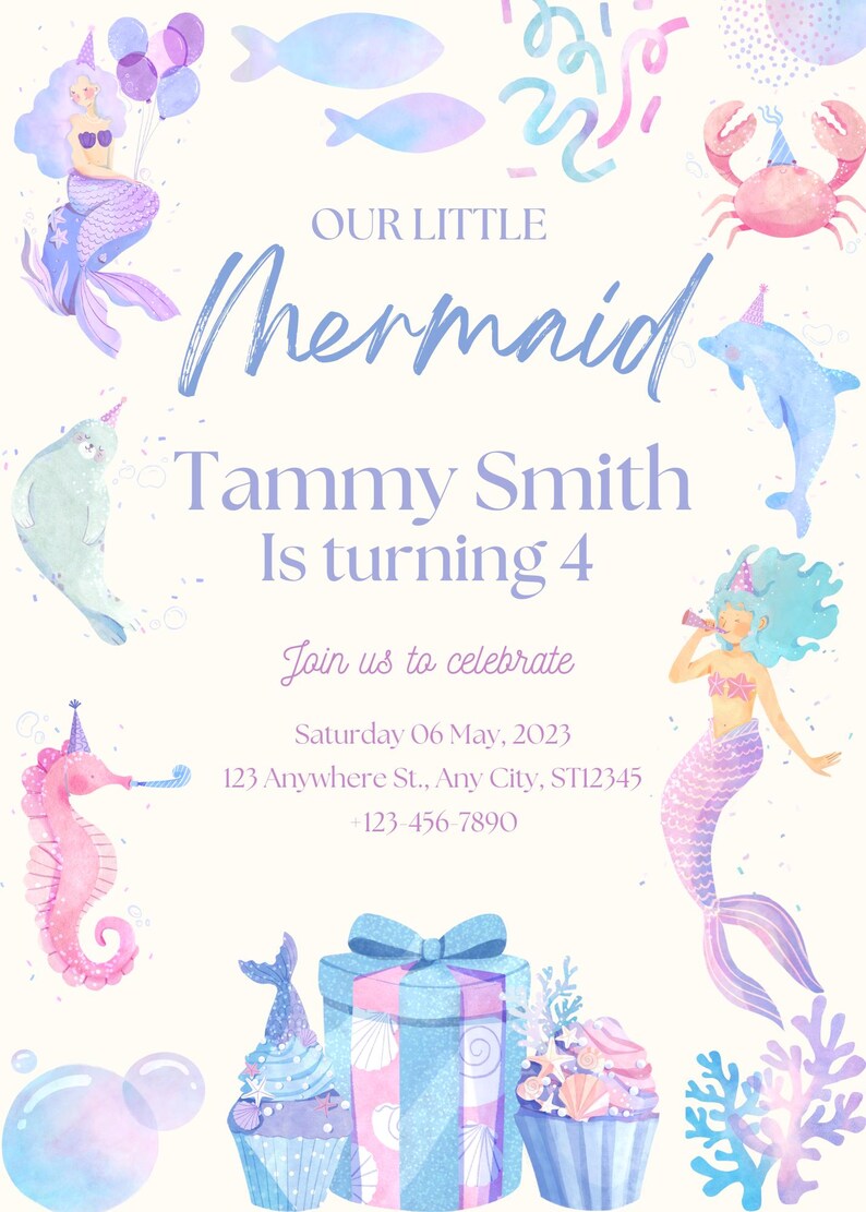 Digital Mermaid Birthday Invitation Template Editable for Personalizing ...
