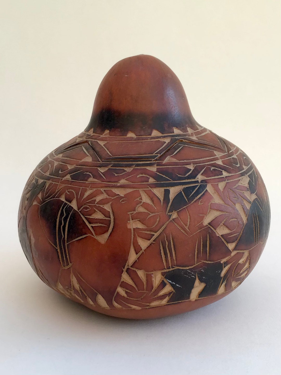 Fabulous Peruvian Decor, Gourd Container With Lid, Carved and Stained ...
