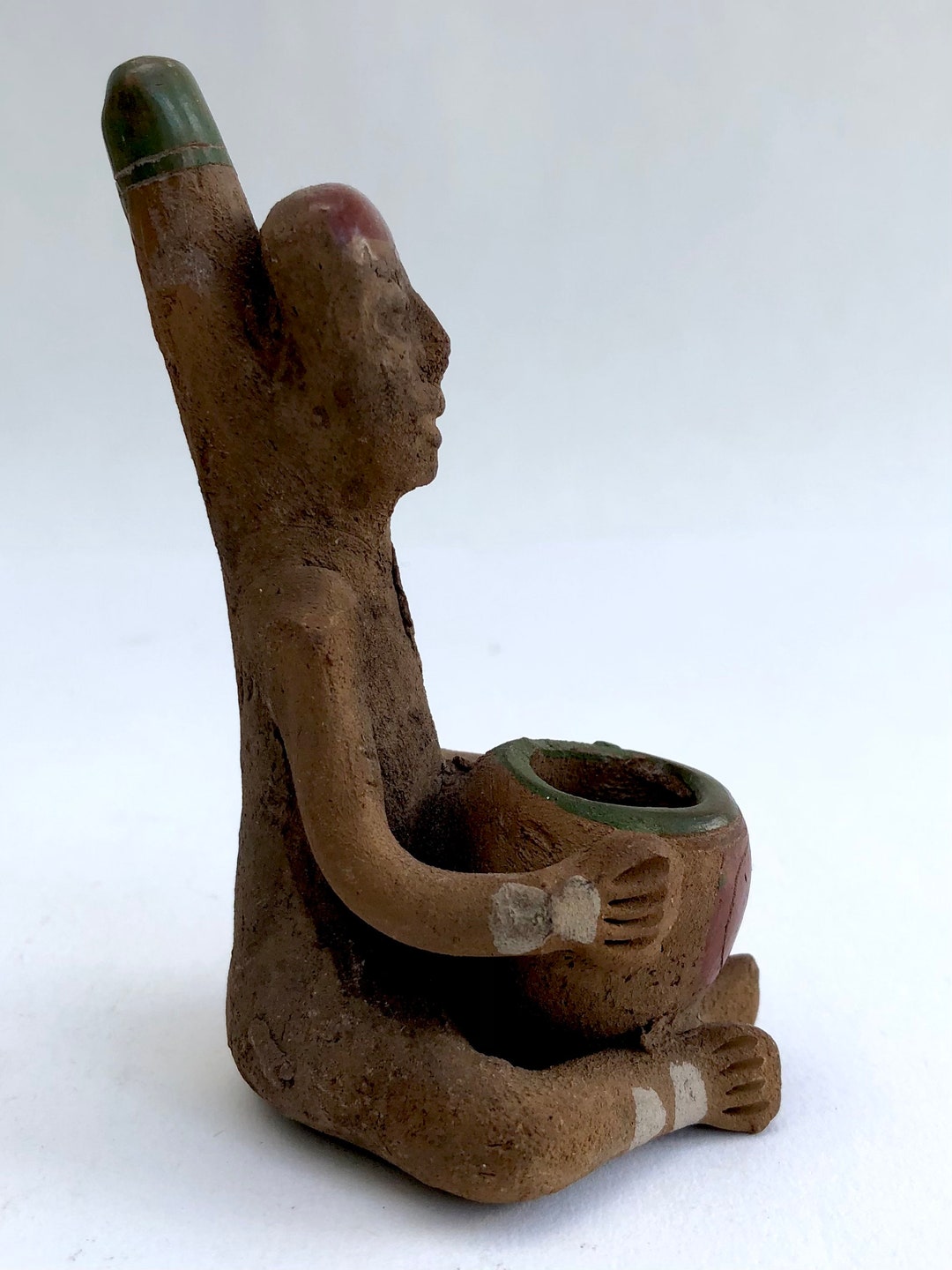Vintage Terra Cotta Aztec Mayan Folk Art Polychrome Figural Clay Pipe ...