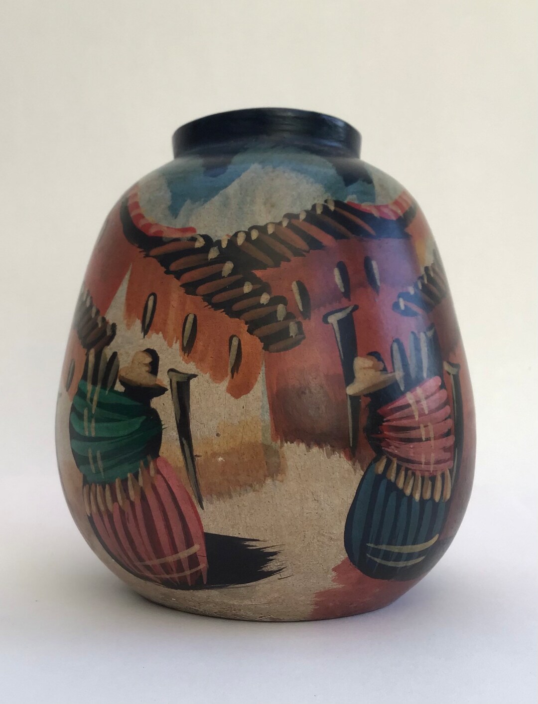 Fabulous Mid Century Peruvian Pot, Signed Morit, Two Women in Village ...
