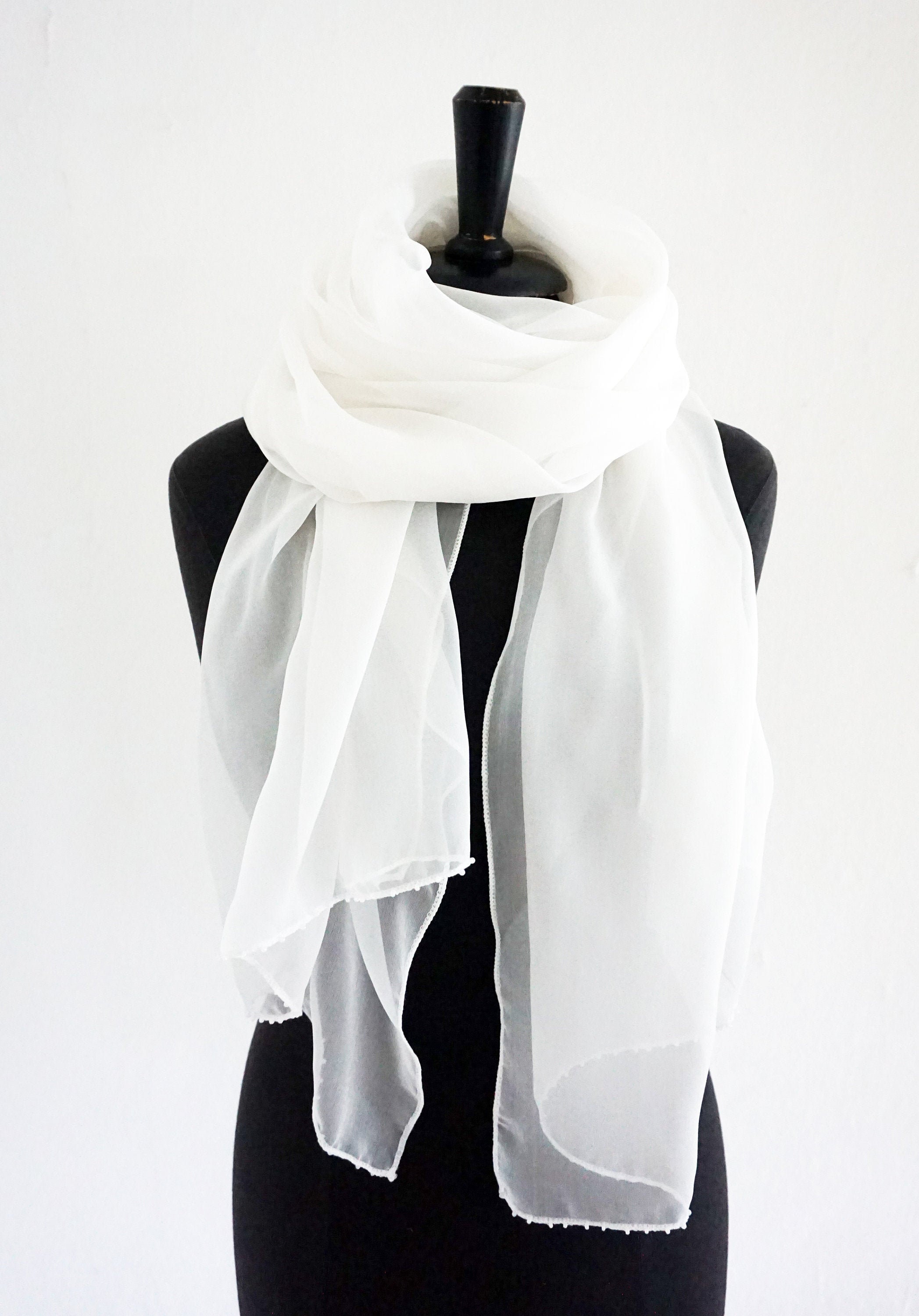 SILK CHIFFON SCARF embroidered with beads, translucent, long shawl