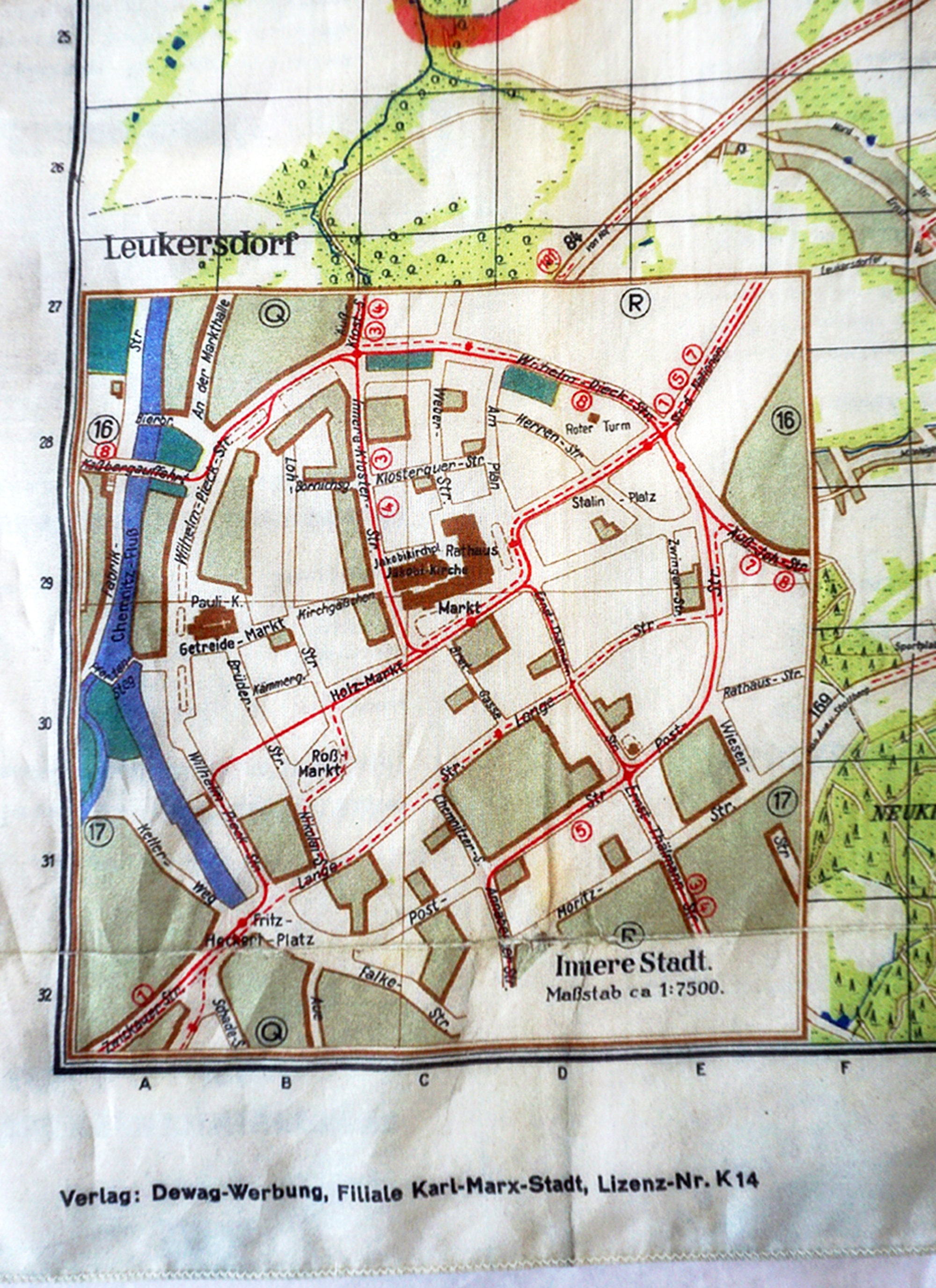 KARL-MARX-STADT Map Scarf, cotton and silk, 1960 years