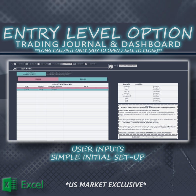 Excel Sheet Option Trading Journal and Dashboard, Calendar W/ Profit ...