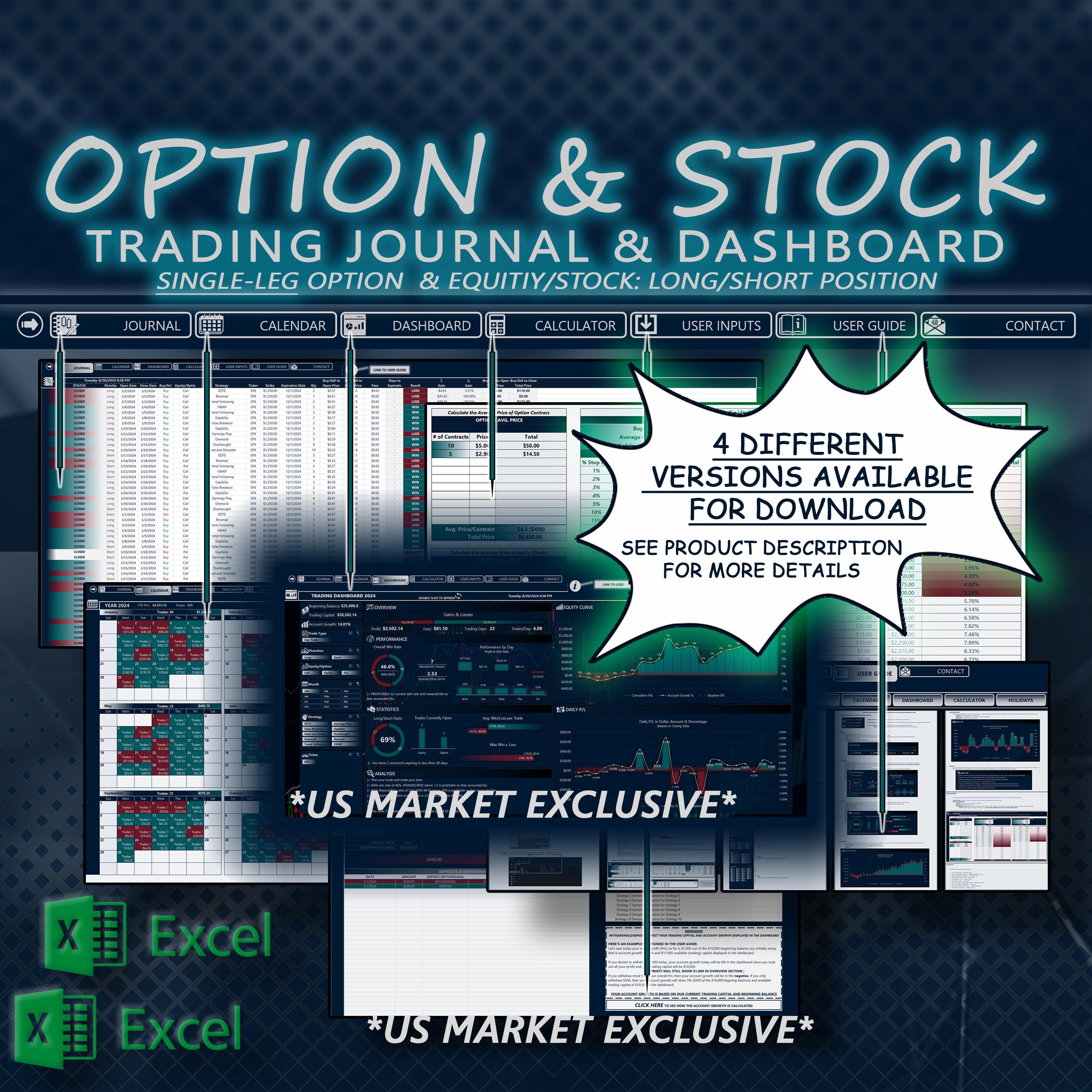 EXCEL | OPTION and STOCK Trading Journal and Dashboard Single Leg ...