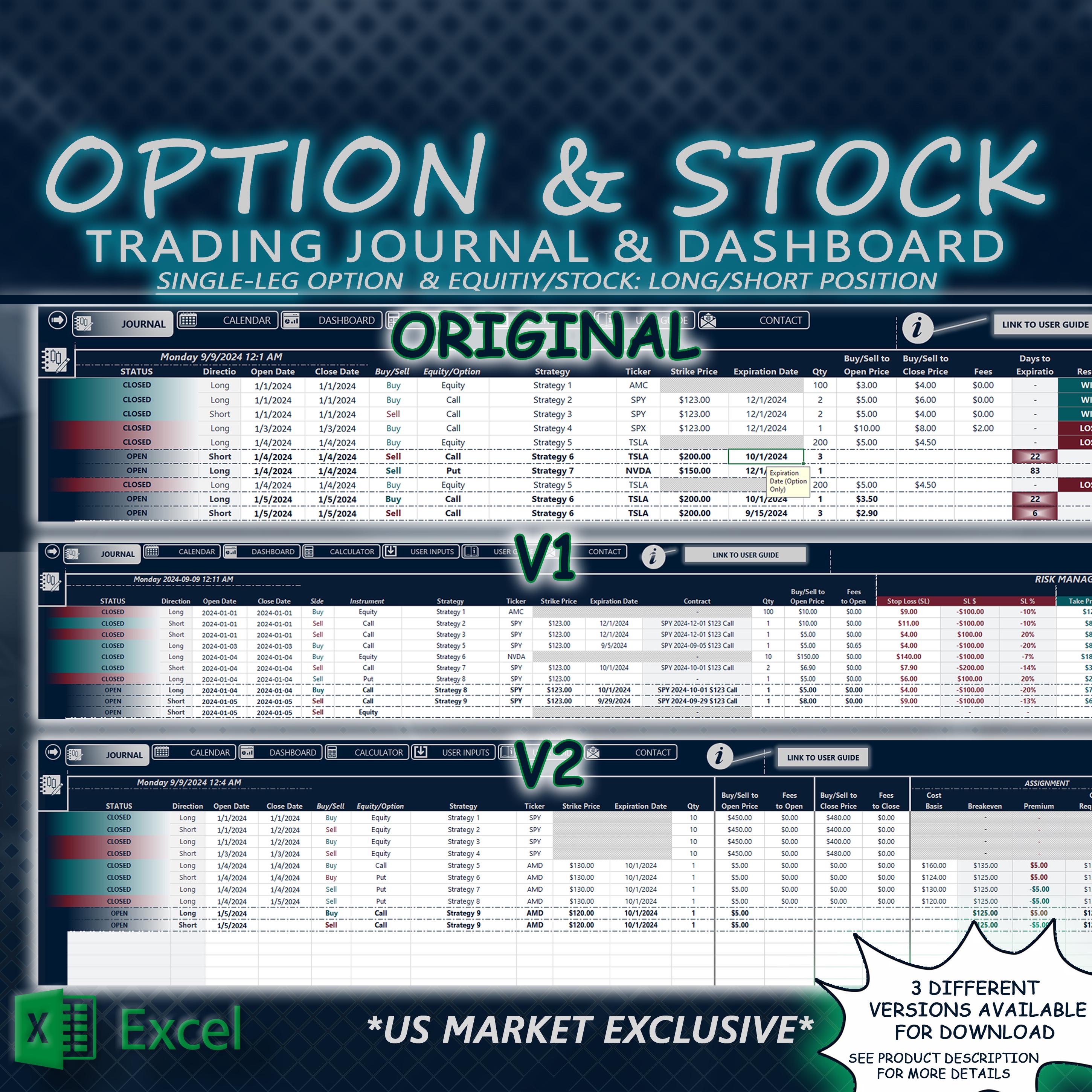 4 Different Versions Excel Option Trading Journal Spreadsheet Dashboard ...