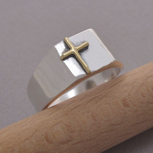 Cross Ring for Men Sterling Silver and 14KT Gold Mens Ring - Etsy