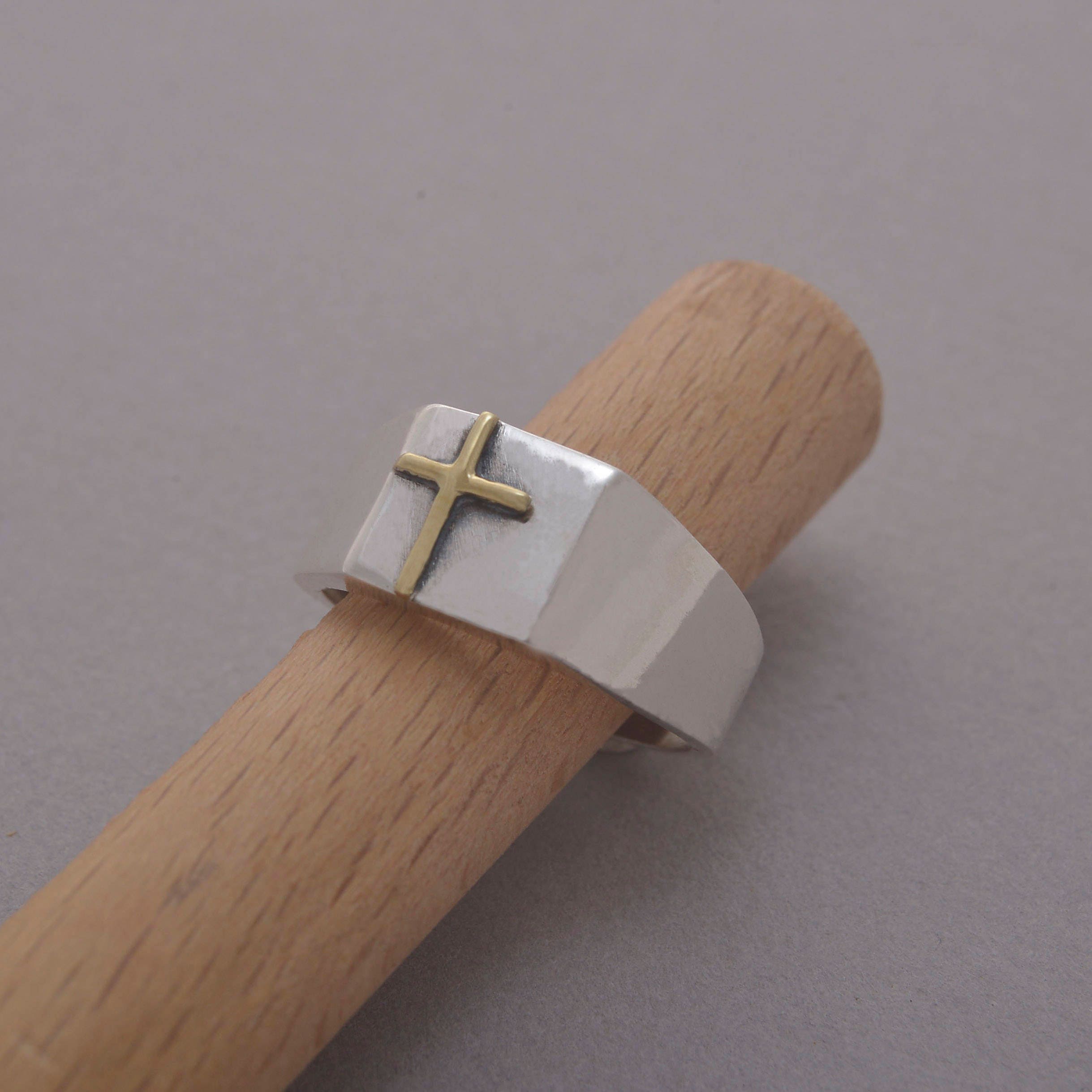 Cross Ring for Men Sterling Silver and 14KT Gold Mens Ring - Etsy