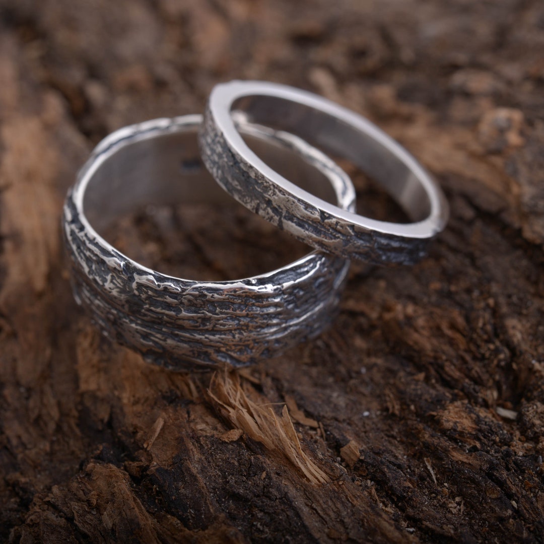 Couples Wedding Band Set, Rustic Tree Bark Design in Sterling Silver ...