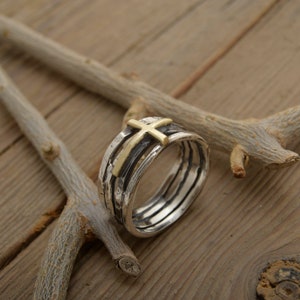 Mens Cross Ring, Sterling Silver & 14KT Gold Twig Ring, Gift of Faith ...
