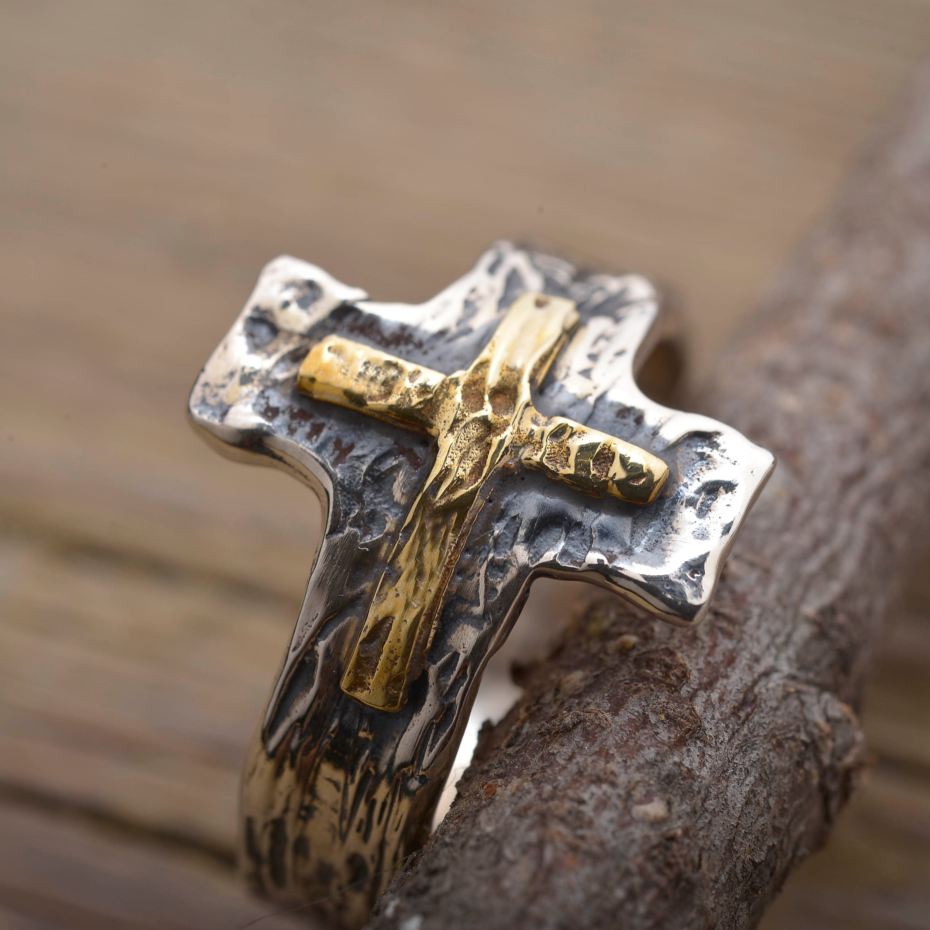 Cross Mens Ring Sterling Silver & 14KT Gold Christian Ring - Etsy UK