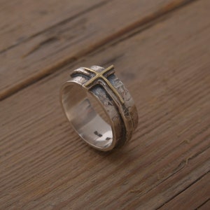 Christian Ring for Men, Cross Ring in Sterling Silver and 14KT Gold ...