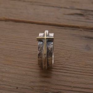 Christian Ring for Men, Cross Ring in Sterling Silver and 14KT Gold ...