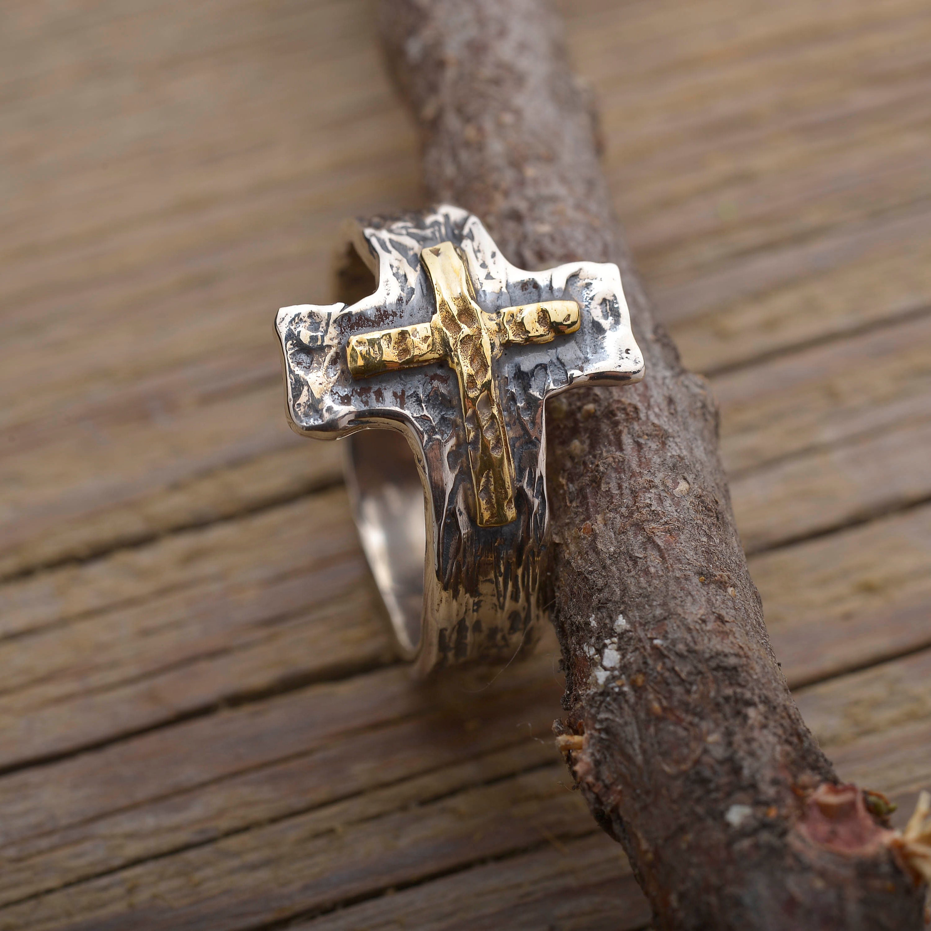 Cross Mens Ring Sterling Silver & 14KT Gold Christian Ring - Etsy UK