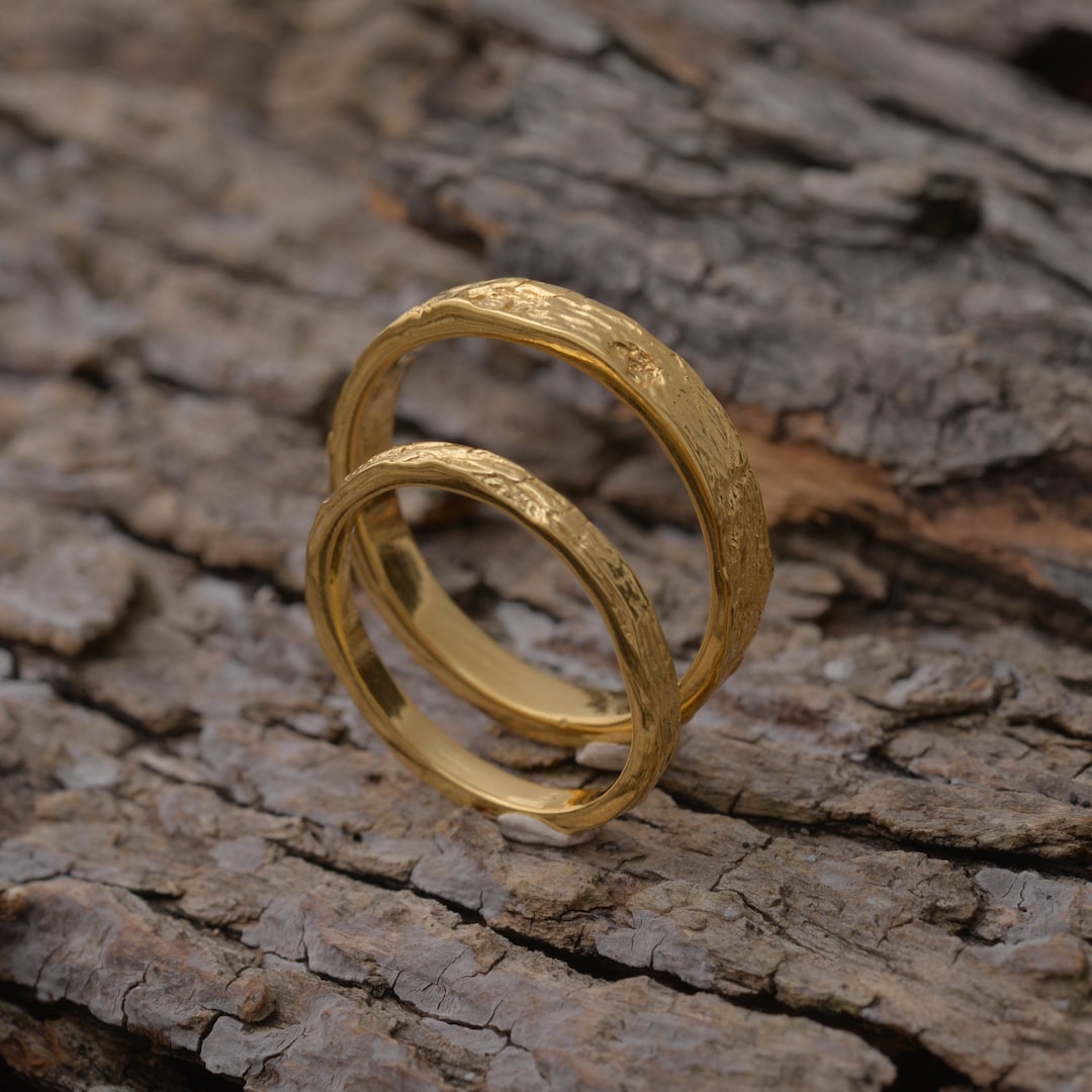 Matching Tree Bark Wedding Bands in Gold Plated Sterling Silver, 3.3mm ...