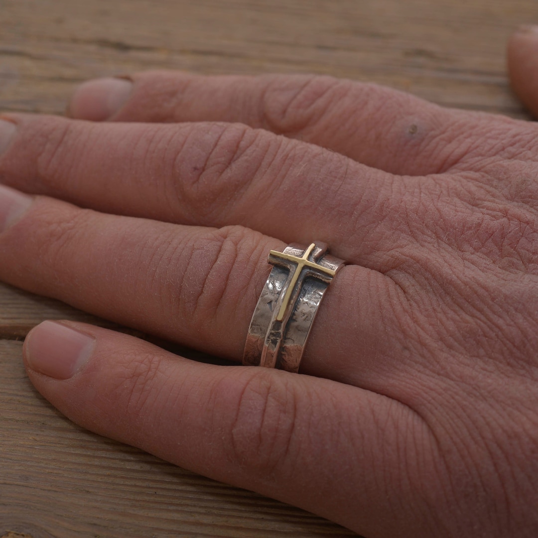 Christian Ring for Men Cross Ring in Sterling Silver and 14KT - Etsy