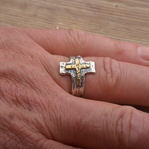 Cross Mens Ring, Sterling Silver & 14KT Gold Christian Ring, Precious ...