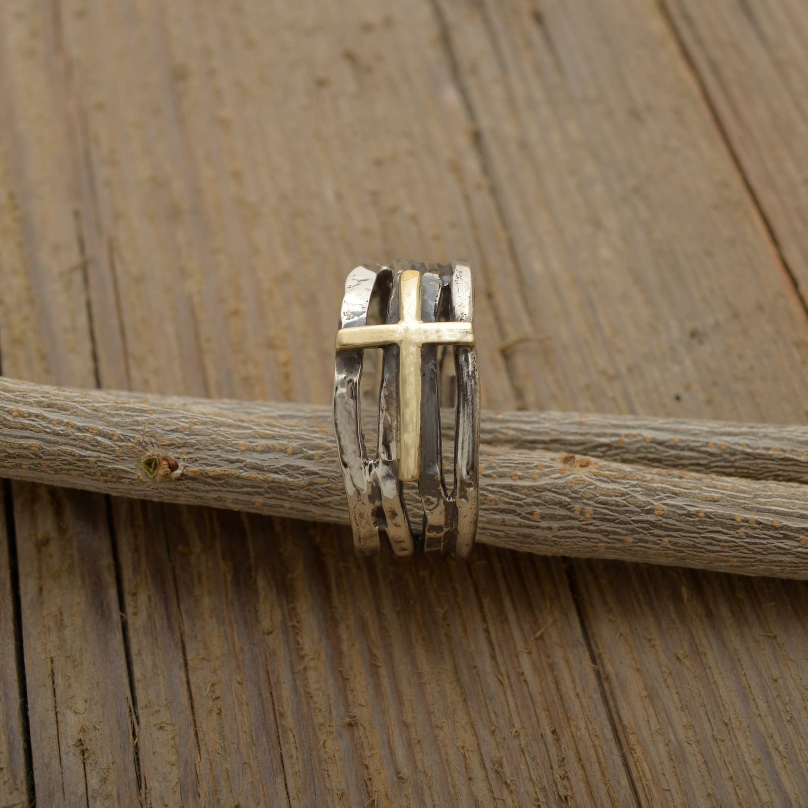 Mens Cross Ring, Sterling Silver & 14KT Gold Twig Ring, Gift of Faith ...