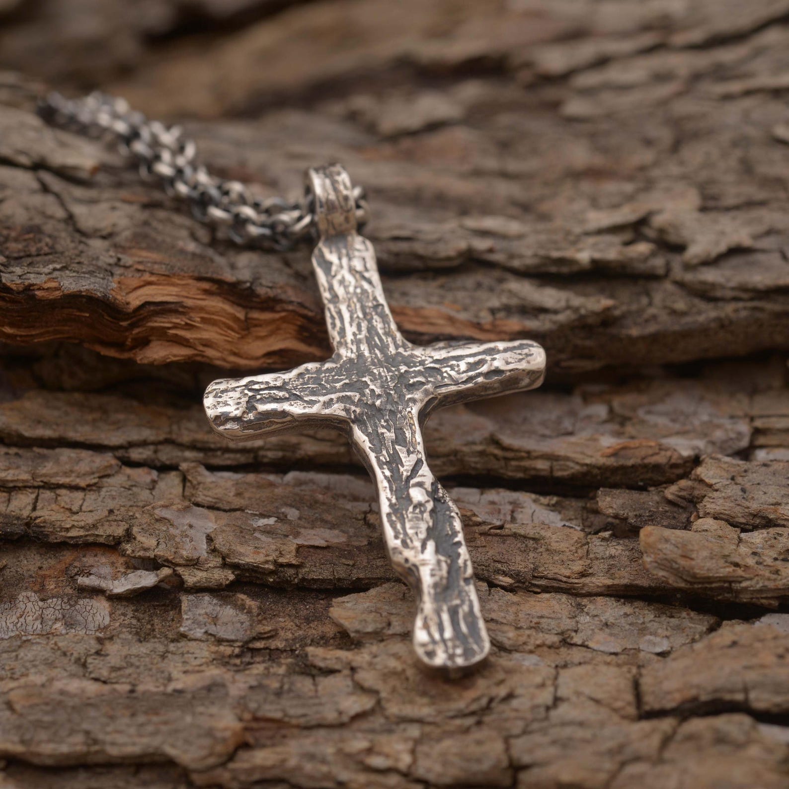 Artistic Branch Cross Necklace, Sterling Silver Tree Bark Cross, Forest ...