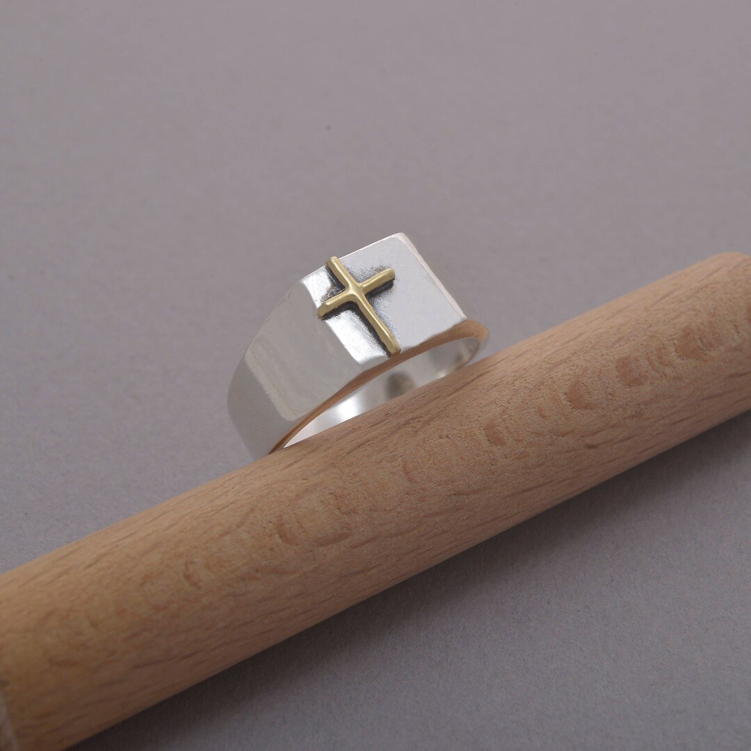 Cross Ring for Men, Sterling Silver and 14KT Gold Mens Ring, Christian ...